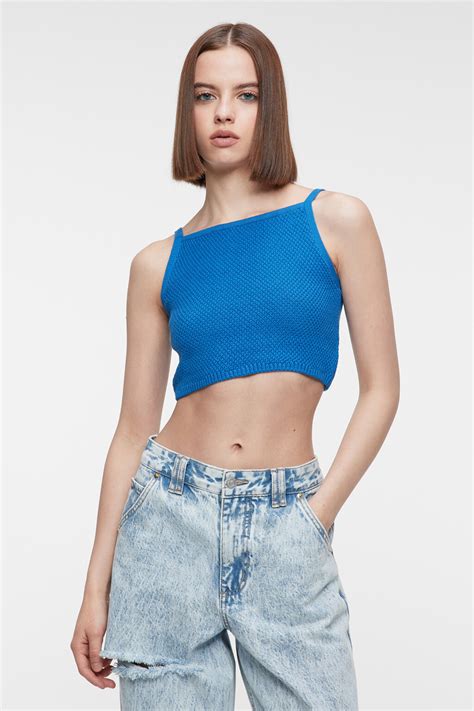 Топ майка хлопковый вязаный на тонких бретелях 2231111803 цвет синий 40 по цене 339 рублей