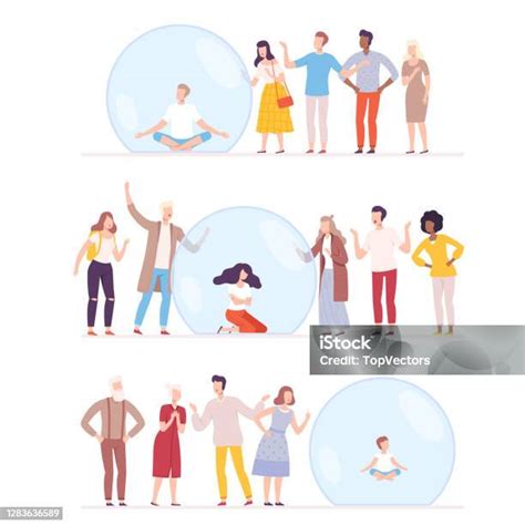 비사회적 인 남자 여자와 아이 투명 거품 세트 안에 앉아 그들에게 도달하려고하는 사람들 사회에서 분리 고독 개념 플랫 스타일 벡터 일러스트 명상하기에 대한 스톡 벡터 아트