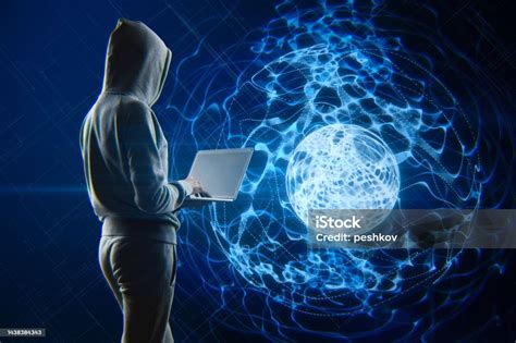 Hacker Using Laptop With Glowing Blue Linear Sphere On Blurry Background Geometric Cyberspace