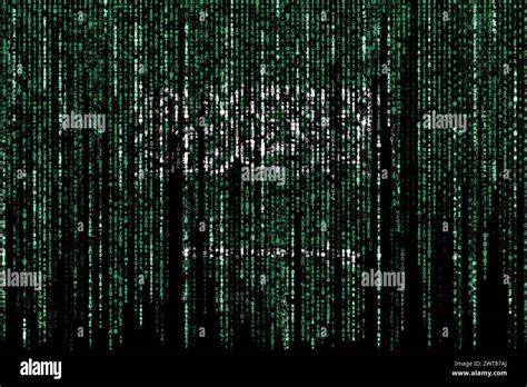 Flag Of Saudi Arabia On A Computer Binary Codes Falling From The Top