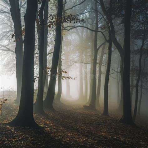 Misty Forest With Tall Trees Thick Fog Creating Eerie Mysterious