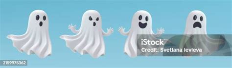 할로윈 유령 3d 이모티콘 세트 귀여운 얼굴 미소 짓거나 슬픈 흰 시트에 비행 영혼 캐릭터 무서운 부 스티커 렌더링 재미있는 괴물 소름 끼치는 공포 미니멀 사악한 코스프레