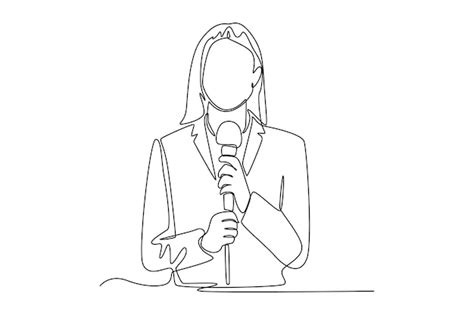 연속 한 선 그리기 뉴스 보고와 함께 마이크를 들고 있는 앵커 여성 뉴스 앵커 개념 단일 선 그리기 디자인 벡터 그래픽 그림