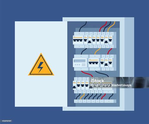 스위치 퓨즈 접촉기 와이어 자동 회로 차단기가있는 전기 패널 스테인레스 스틸 배전반 상자 배전 장치 벡터 일러스트레이션 캐비닛에 대한 스톡 벡터 아트 및 기타 이미지