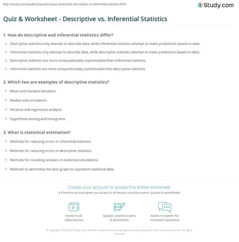 Quiz And Worksheet Descriptive Vs Inferential Statistics