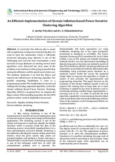 Pdf An Efficient Implementation Of Chronic Inflation Based Power Iterative Clustering Algorithm