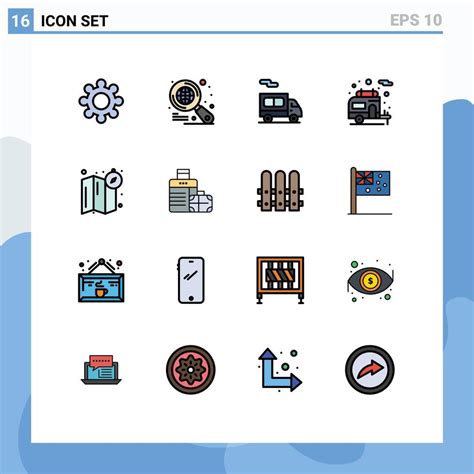 Group Of 16 Flat Color Filled Lines Signs And Symbols For Handbag Luggage Truck Map Compass