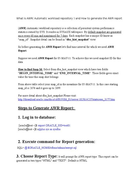 steps to generate awr report 1 log in to database pdf databases