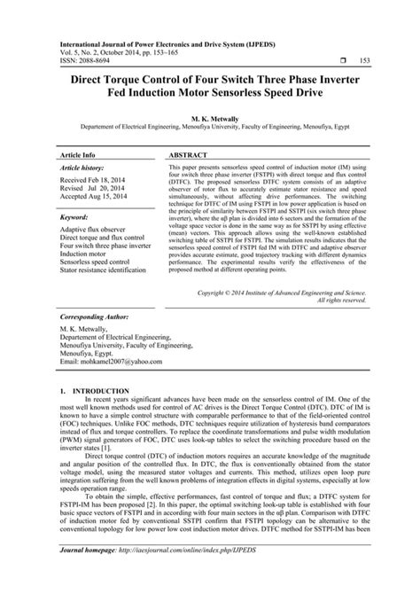 Direct Torque Control Of Four Switch Three Phase Inverter Fed Induction