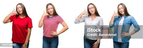 흰색 위에 젊은 아름 다운 소녀의 콜라주 절연 배경 웃 고 손을와 같은 전화에 손가락 전화 제스처를 하 고 통신 개념 갈색 머리에 대한 스톡 사진 및 기타 이미지 Istock