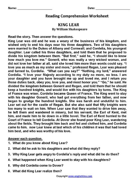 Reading Comprehension Worksheets For Grade 6 Pdf