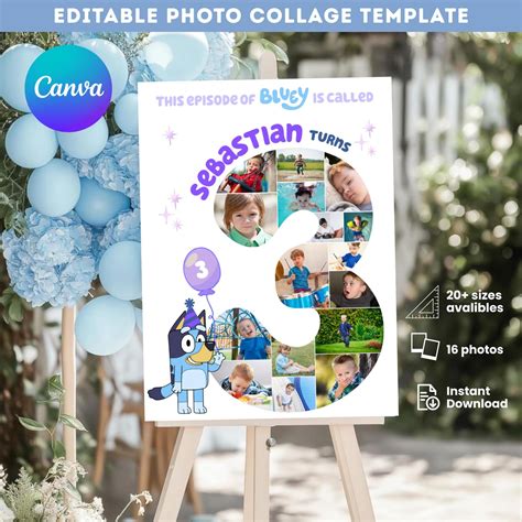 Bluey Inspired 3rd Birthday Sign Editable 3 Photo Collage Printable
