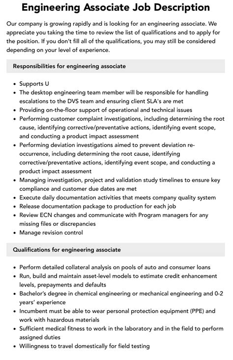 Engineering Associate Job Description Velvet Jobs
