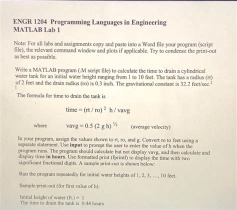 Solved Engr 1204 Programming Languages In Engineering Matlab