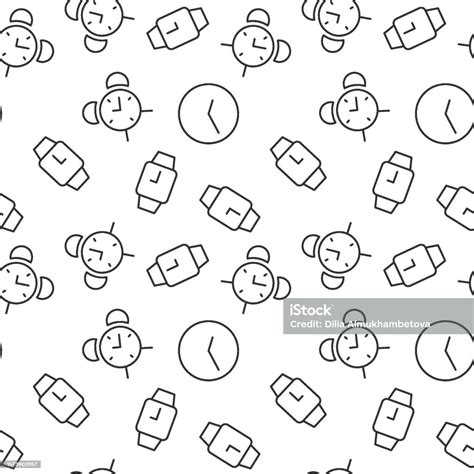 알람 시계와 손목시계의 매끄러운 벡터 흑백 패턴은 표지 상점 래퍼 사이트 앱에 대한 시간의 상징으로 사용됩니다 0명에 대한 스톡 벡터 아트 및 기타 이미지 Istock