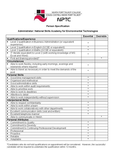 Sample Person Specification Person Specification Administrator National Skills Academy For