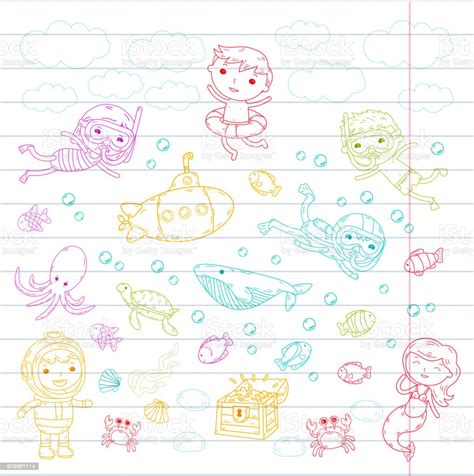 수 중 워터 파크 아이 바다와 바다 모험입니다 여름입니다 아이 그림입니다 낙서 이미지입니다 아이 들과 함께 만화 생물입니다 남자와 여자 수영 거북이에 대한 스톡 벡터 아트