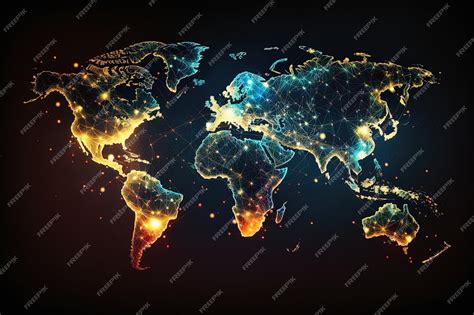 인터넷 효과가 있는 세계 지구 통신 기술의 글로벌 지도 미래 지향적인 현대 제너레이티브 Ai 프리미엄 사진
