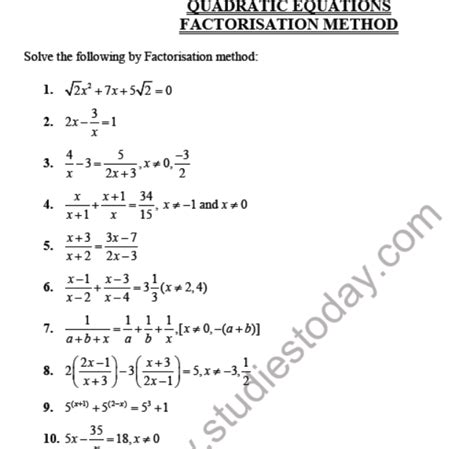 Cbse Class 10 Quadratic Equations Sure Shot Questions Set A