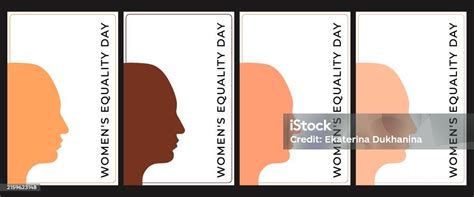 여성 평등의 날 페미니즘 휴일 옆모습에 있는 여성의 머리 실루엣 배너 카드 포스터 세트입니다 평면 스타일의 벡터 그림입니다 8월에 대한 스톡 벡터 아트 및 기타 이미지