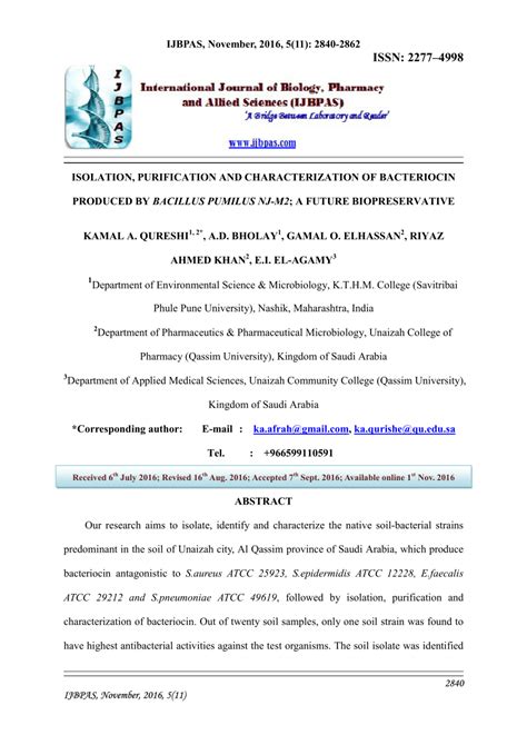 Pdf Isolation Purification And Characterization Of Bacteriocin Produced By Bacillus Pumilus