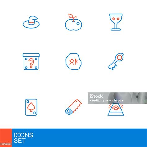 세트 라인 모든 것을 보는 신의 눈 손 톱 카드 놀이 오래된 마법 열쇠 미스터리 상자 마법 룬 중세 잔 및 독 사과 아이콘 벡터 Freemasons에 대한 스톡 벡터 아트