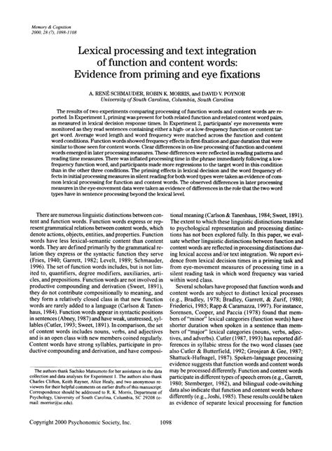 Pdf Lexical Processing And Text Integration Of Function And Content Words Evidence From