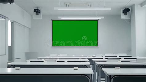 Showcase Of A Blank Classroom With A Chromakey Green Screen Ready For