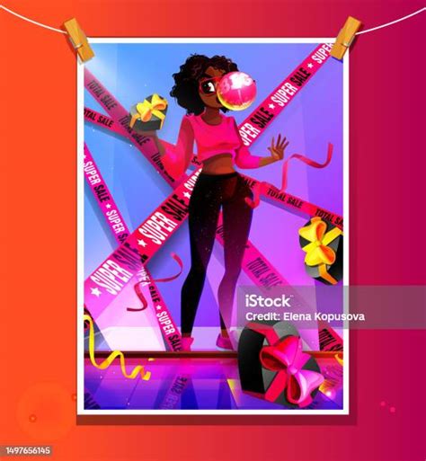 만화 스타일의 계절 판매 개념입니다 블랙 프라이데이 풍선껌과 색종이 조각이 있는 선물을 들고 있는 젊은 아프리카계 미국인 여성 빨래집게에 밝은 창조적 인 축제 포스터입니다