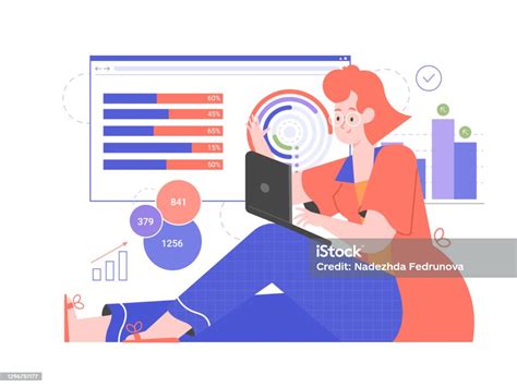소녀가 노트북에 앉아 있다 그래프 및 차트 회사 또는 개인 재무 분석 투자 온라인 뱅킹 거래 재무 보고 프레젠테이션 벡터 플랫 비즈니스에 대한 스톡 벡터 아트 및 기타