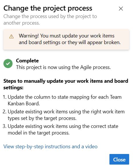 プロジェクトのプロセスを Basic からアジャイルに変更 Azure Boards Microsoft Learn