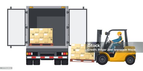 컨테이너 트럭에 쌓인 상자의 팔레트를 지게차 적재 안전을 운전하는 지게차 보안 제일 화물 및 운송 물류 제품의 산업 저장 및 유통 근로자의 날에 대한 스톡 벡터 아트 및