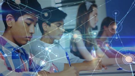 Four Students Writing On Classroom Desks Showing Education Network