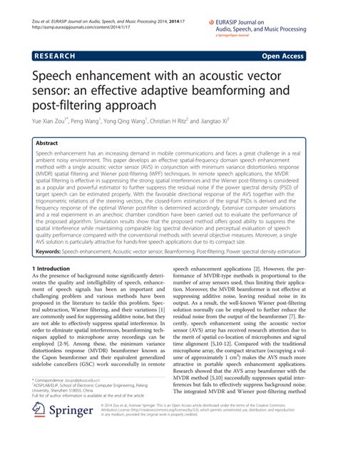 Pdf Speech Enhancement With An Acoustic Vector Sensor An Effective