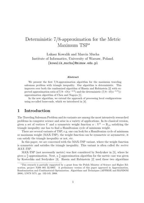 Pdf Deterministic 78 Approximation For The Metric Maximum Tsp