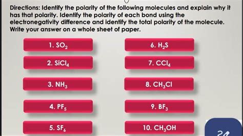 SOLVED Directions Identify The Polarity Of The Following Molecules And Explain Why It Has That