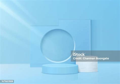 배경에 3d 파란색과 흰색 연단 제품 블루 파스텔 연단 3d 제품 프리젠 테이션 화장품 식품 보충제를 보여줍니다 3차원 형태에