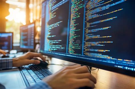 Programmer Coding On Computer Multiple Screens Software Development Work Stock Illustration