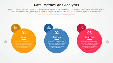 데이터 메트릭 및 분석 인포 그래픽 개념 슬라이드 프리젠 테이션 큰 원과 작은 원 배지 플랫 스타일의 3 포인트 목록이있는 측면에 배지 개념에 대한 스톡 벡터 아트 및 기타