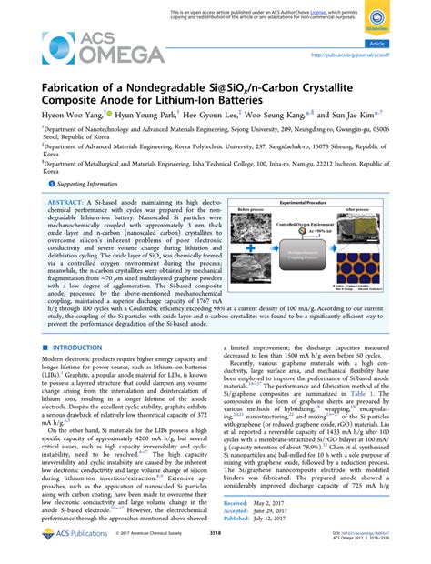 Pdf Fabrication Of A Nondegradable Sisio X N Carbon Crystallite Composite Anode For Lithium