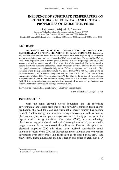Pdf Influence Of Substrate Temperature On Structural Electrical And Optical Properties Of Zno
