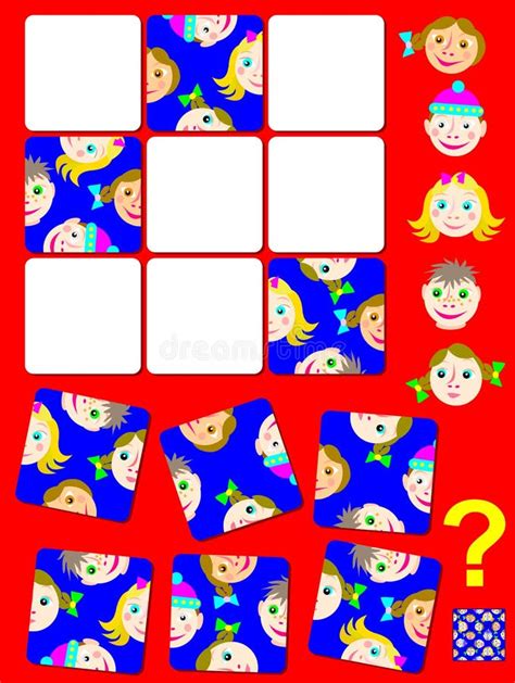 Logic Puzzle Game With Funny Faces Need To Find The Correct Place For Each Piece Stock Vector