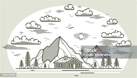 소나무 숲 휴일 및 휴가 테마 라인 아트 드로잉에서 휴식을 위해 흰색에 고립 된 산 선형 벡터 자연 일러스트레이션 통나무 오두막 오두막 시골집에 대한 스톡 벡터 아트 및