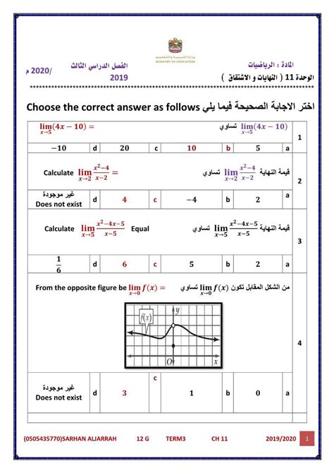 الرياضيات المتكاملة أوراق عمل النهايات والاشتقاق للصف الحادي عشر