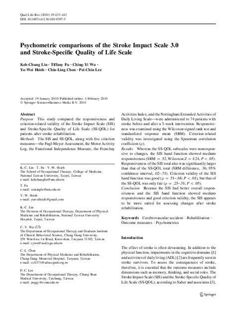 Pdf Psychometric Comparisons Of The Stroke Impact Scale 30 And