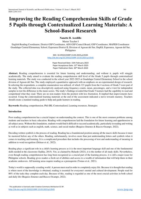 Pdf Improving The Reading Comprehension Skills Of Grade 5 Pupils Through Contextualized