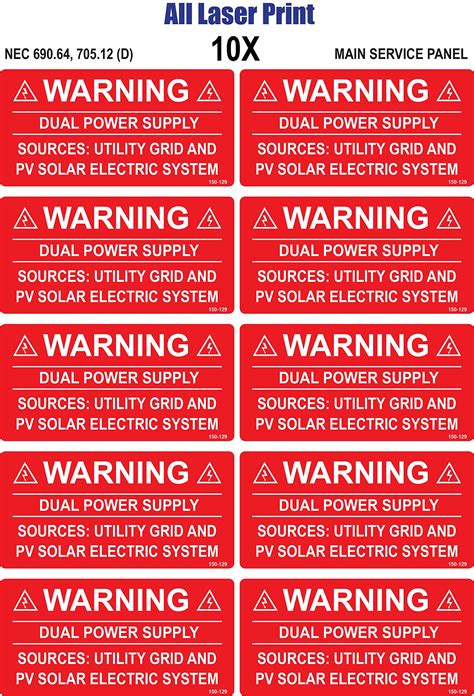 Buy Solar Label PACK 10pc 150 129 Warning Dual Power Supply Sources Utility Grid And PV Solar