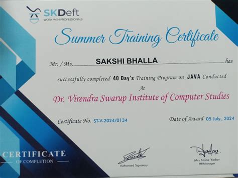 I Would Like To Share That I Have Achieved A Java Training Certification From My College Vsics