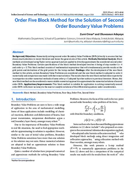 Pdf Order Five Block Method For The Solution Of Second Order Boundary Value Problems