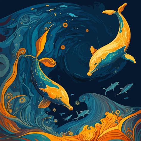 Premium Vector Dynamic Dolphin Pod Swimming In Abstract Blue Sea
